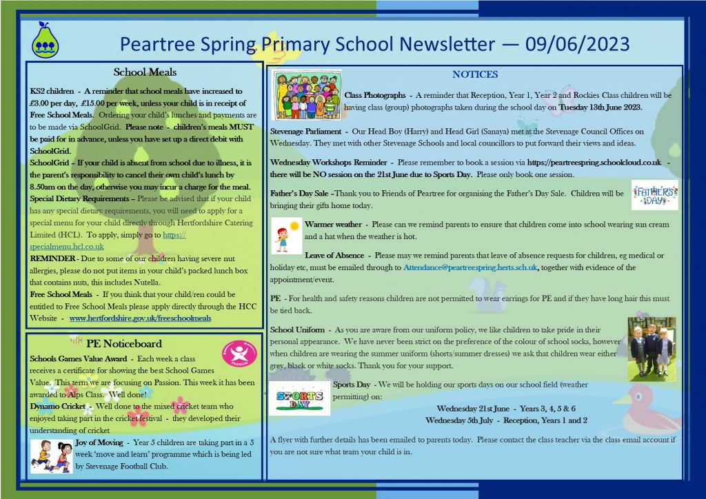 Letters / Newsletters – Peartree Spring Primary School
