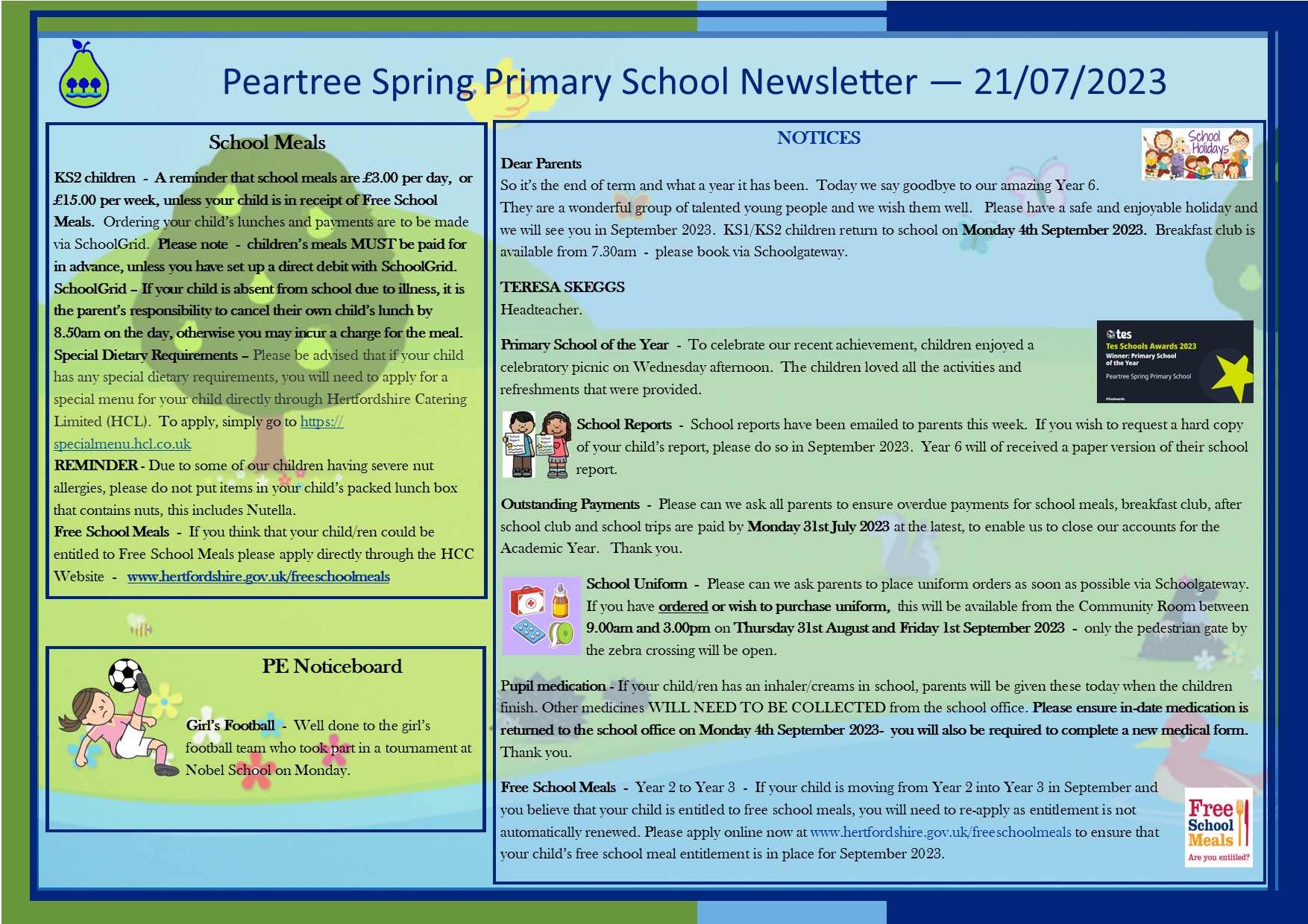 Letters / Newsletters – Peartree Spring Primary School